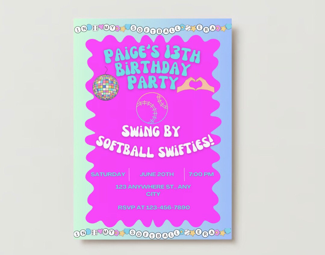 Softball Birthday Invitation, Taylor Swift Invite, Editable Team Party ...