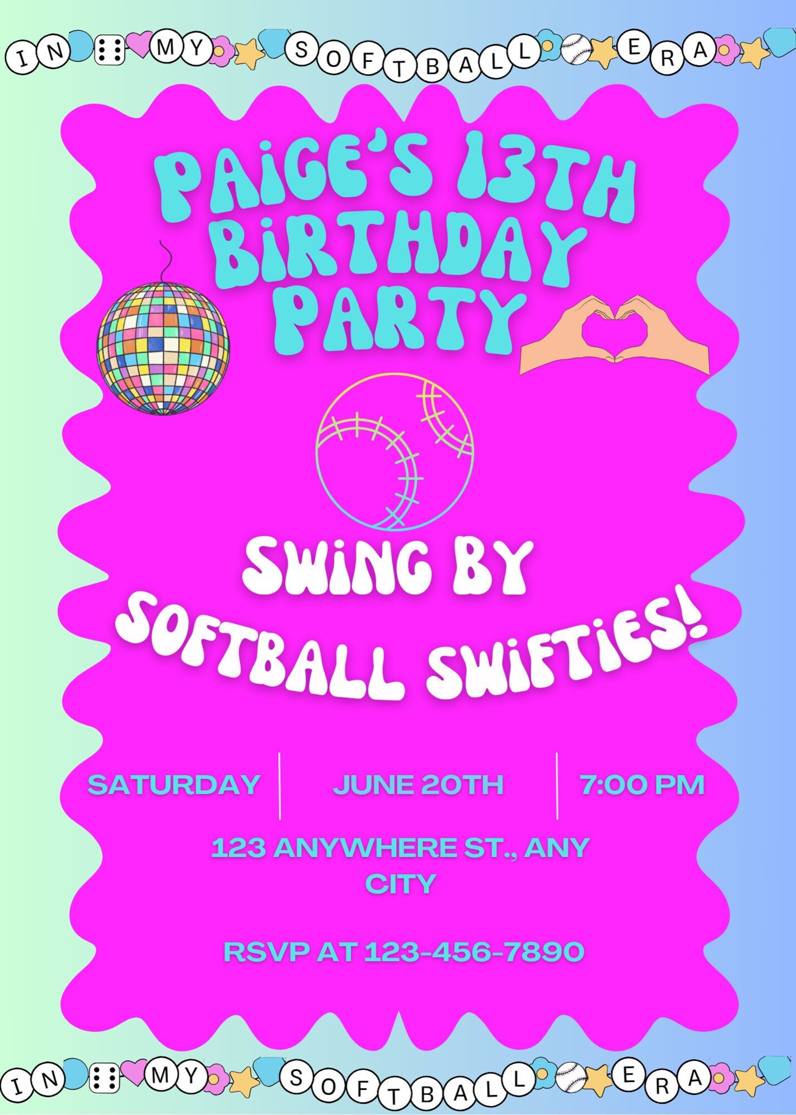 Softball Birthday Invitation, Taylor Swift Invite, Editable Team Party ...