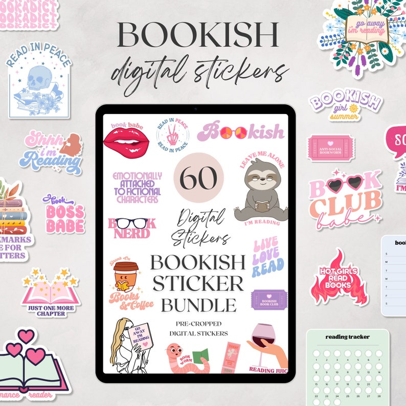 60+ Digital Bookish Sticker Bundle, Printable Bookish Stickers, Bookish ...