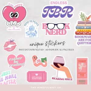 60+ Digital Bookish Sticker Bundle, Printable Bookish Stickers, Bookish ...