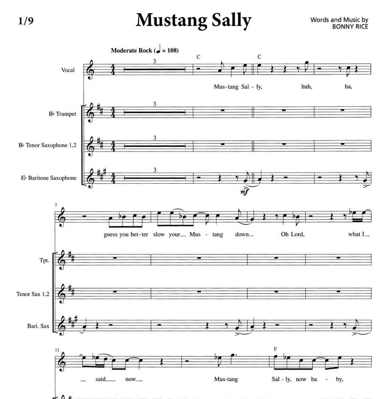 Horn Charts for "mustang Sally" by the Commitments (4 Horns - Trumpet, Bari Sax, Tenor Sax I ...