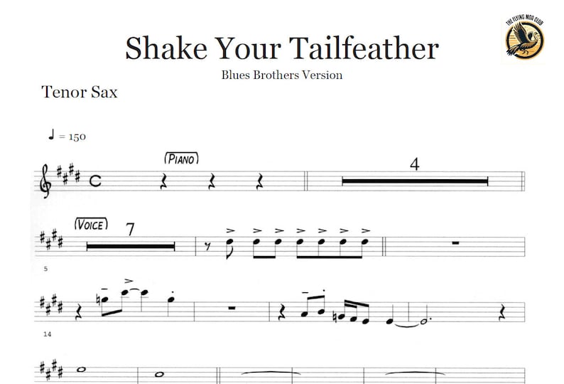 Horn Charts for "shake Your Tailfeather" by the Blues Brothers (alto ...