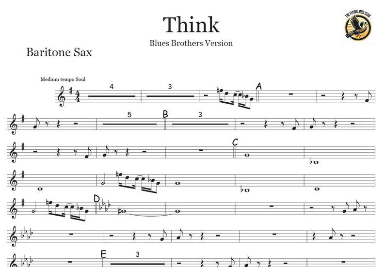 Horn Charts for "think" by the Blues Brothers (baritone Sax, Tenor Sax ...