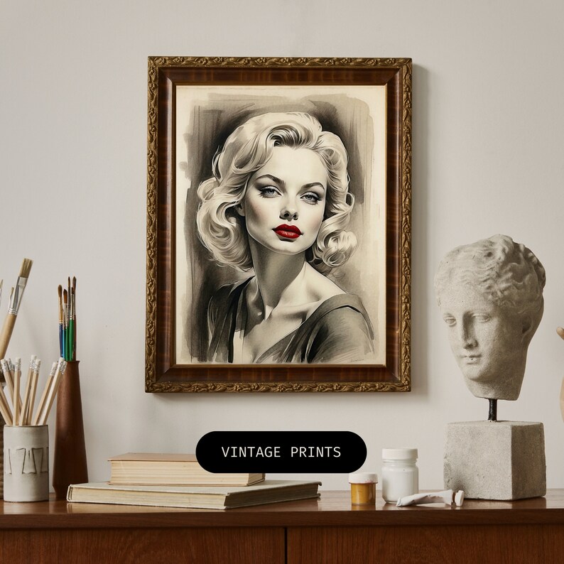 PRINTABLE HIGH-QUALITY 1960s Glamour Ink Painting Wall Art Old ...