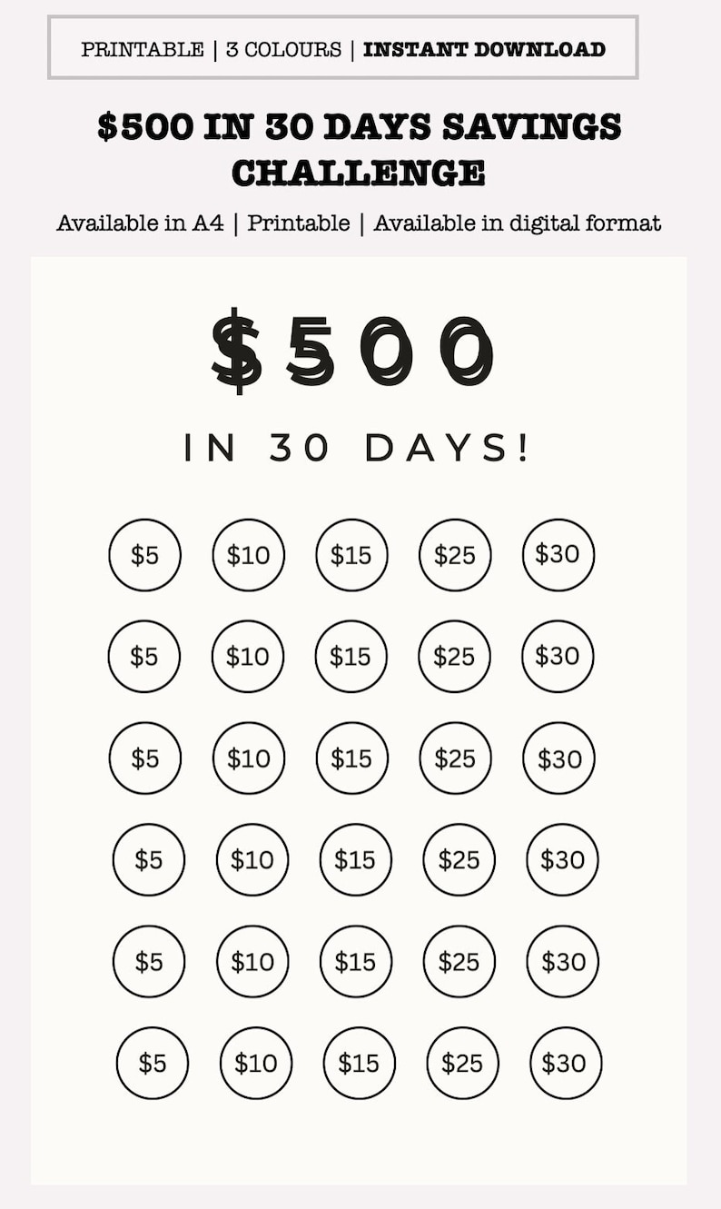 500 Money Saving Challenge | Save 500 in 30 Days | Printable 500 ...