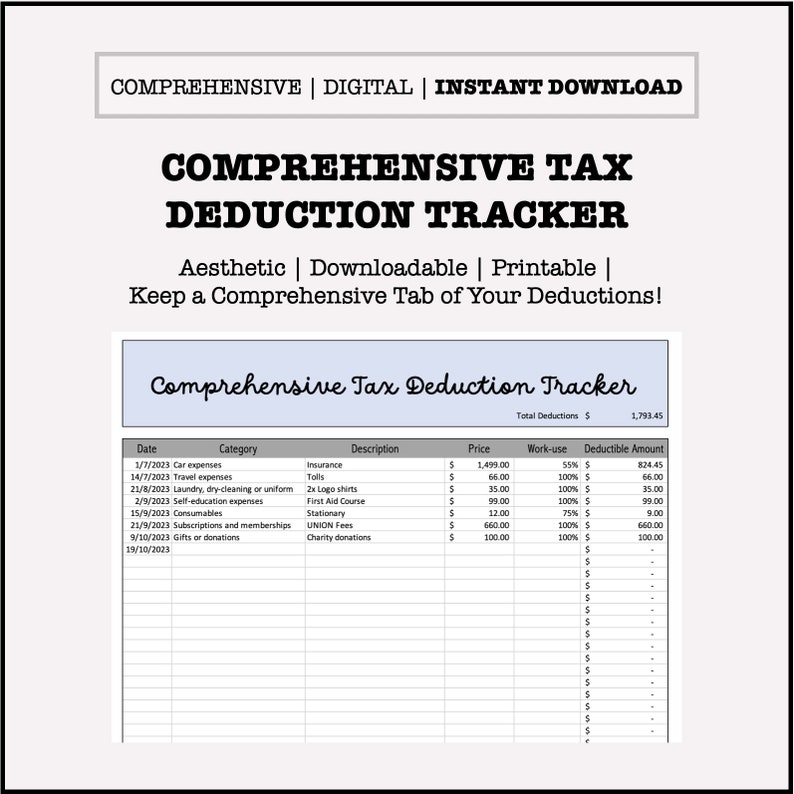 2024 Comprehensive Tax Deduction Tracker Tax Deduction Tracker With ...