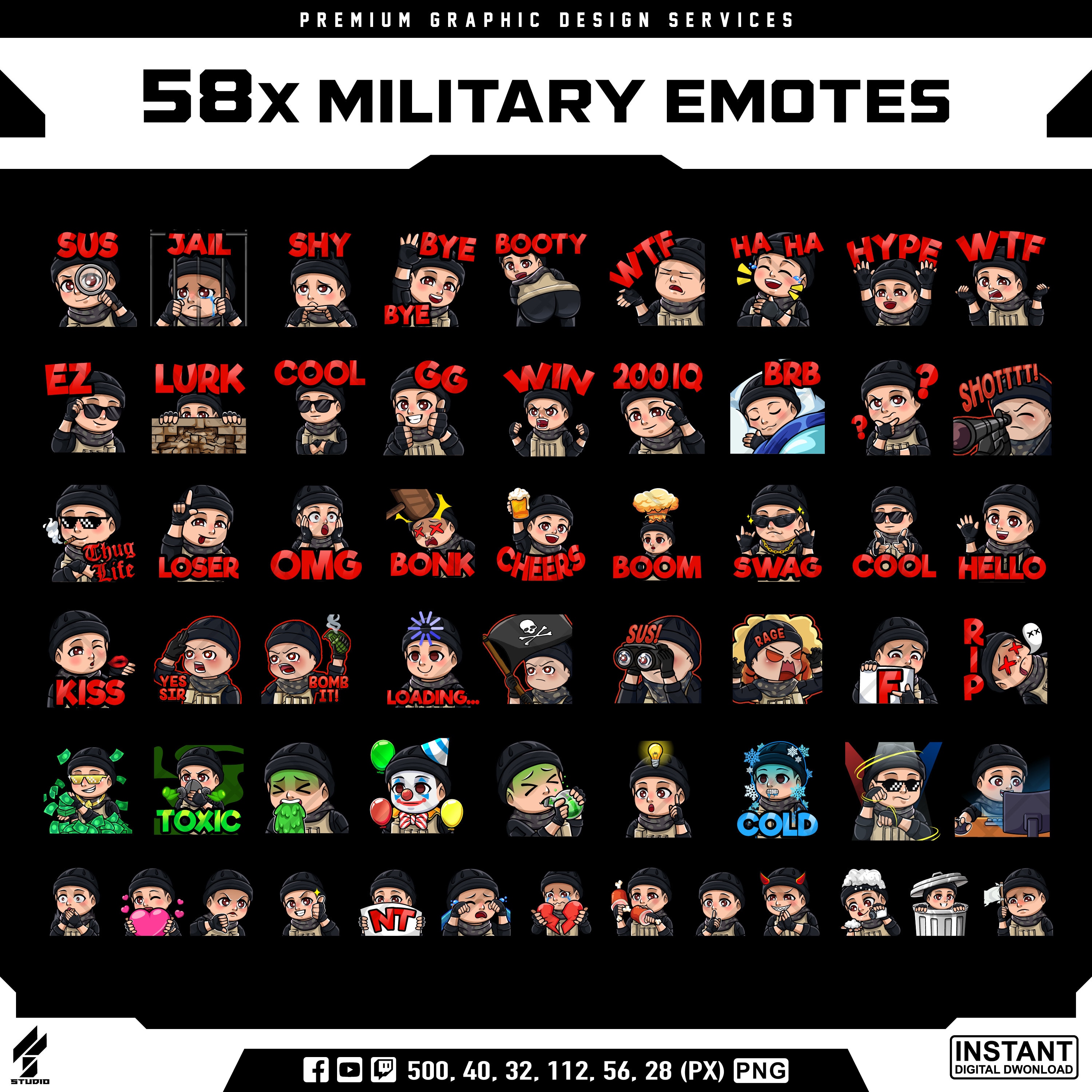 58x Tactical Military Emotes: Combat Streamer Designs (digital Download ...