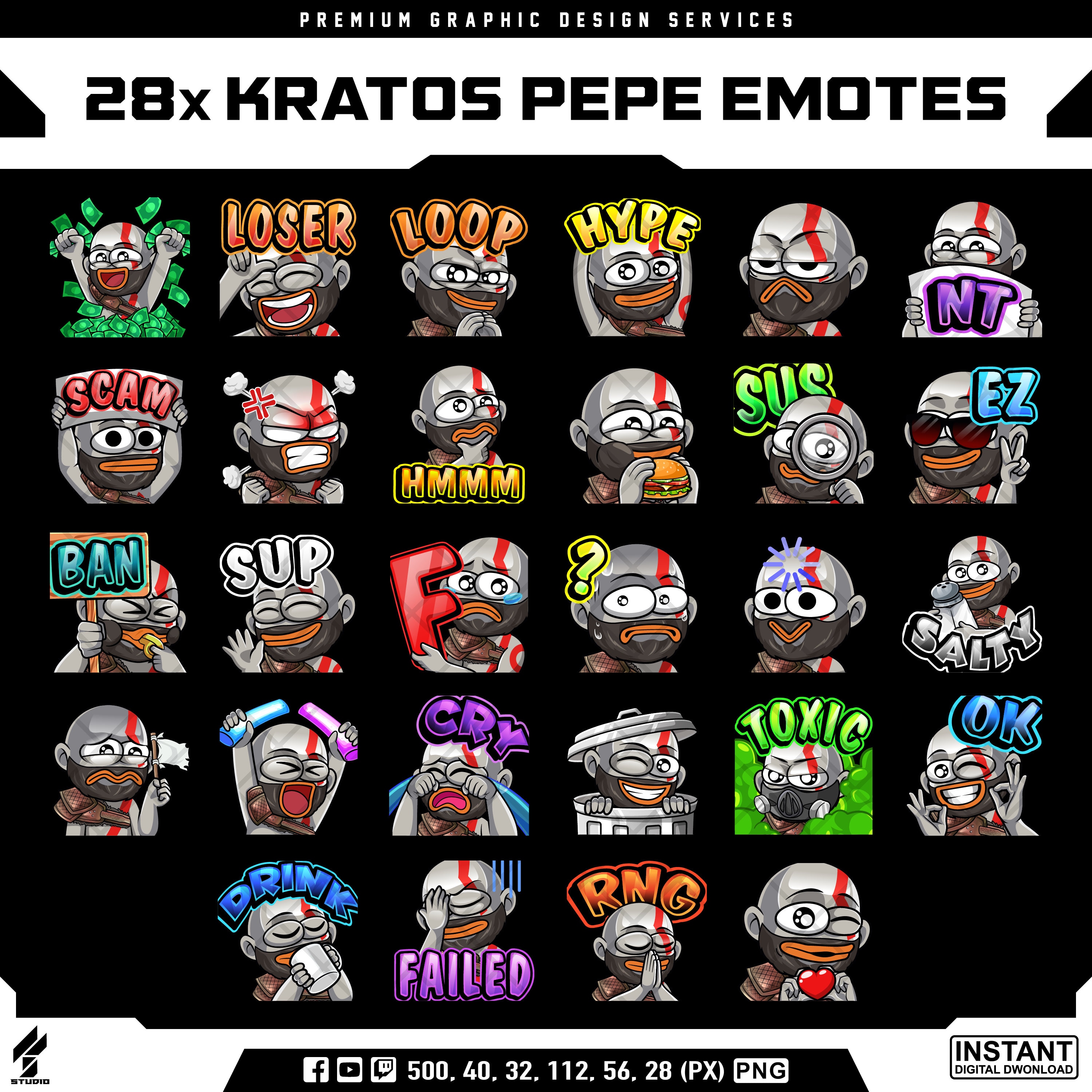 28x Kratos Pepe Emotes: God of War Meme Streamer Pack (digital Download ...
