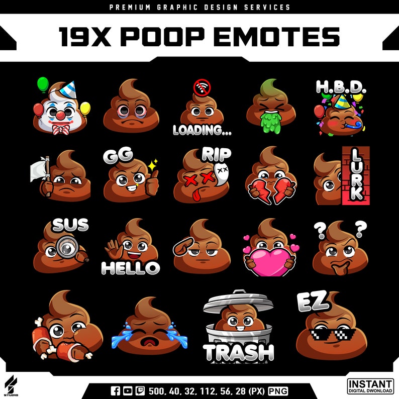 19x Poop Emotes Fun & Cute Poo Emojis Twitch Discord Emotes Youtube ...