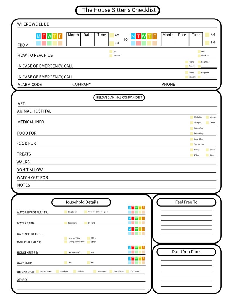 House Sitter Checklist | Planner | Organize the Day | Digital and Print ...