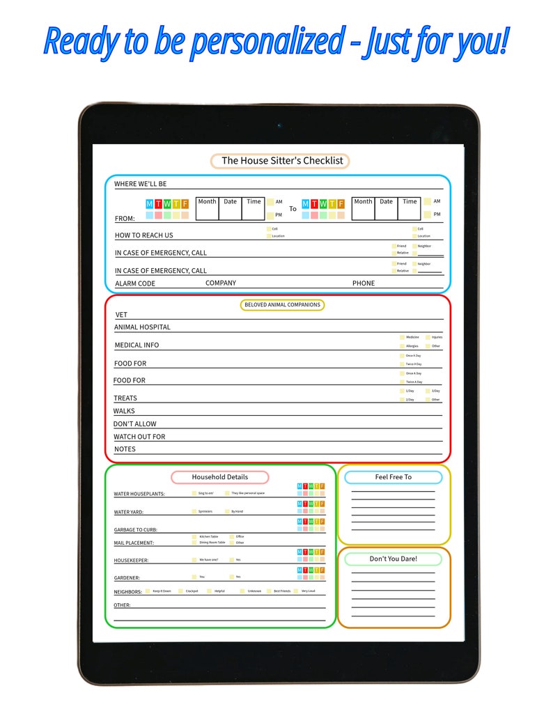 Colorful House Sitter Checklist Planner Organize the Day Digital and ...