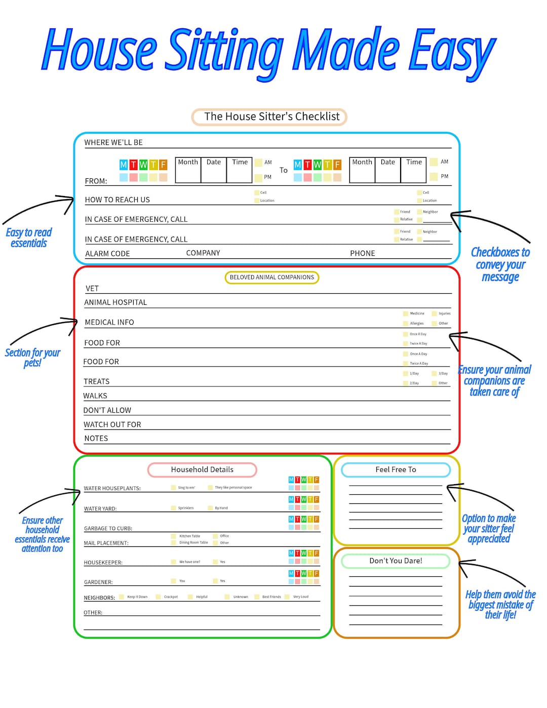 Colorful House Sitter Checklist Planner Organize the Day Digital and ...