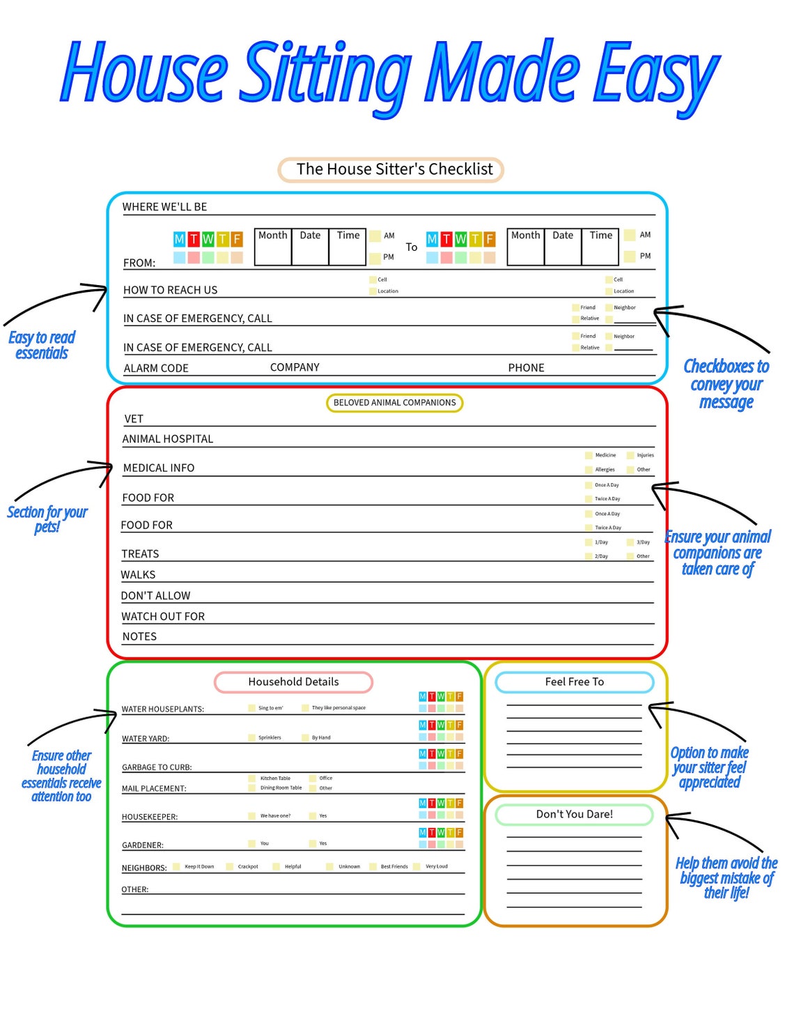 Colorful House Sitter Checklist Planner Organize the Day Digital and ...