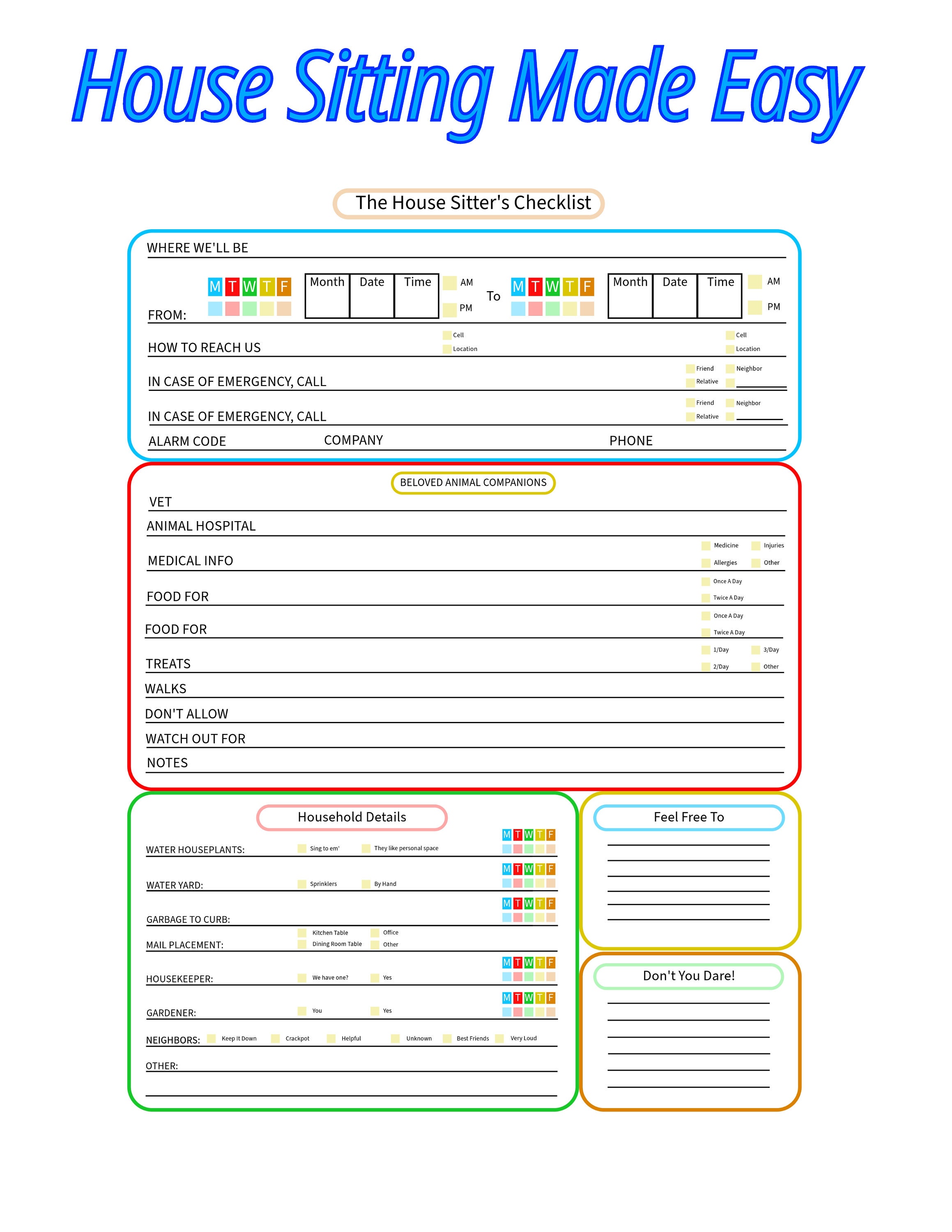 Colorful House Sitter Checklist Planner Organize the Day Digital and ...