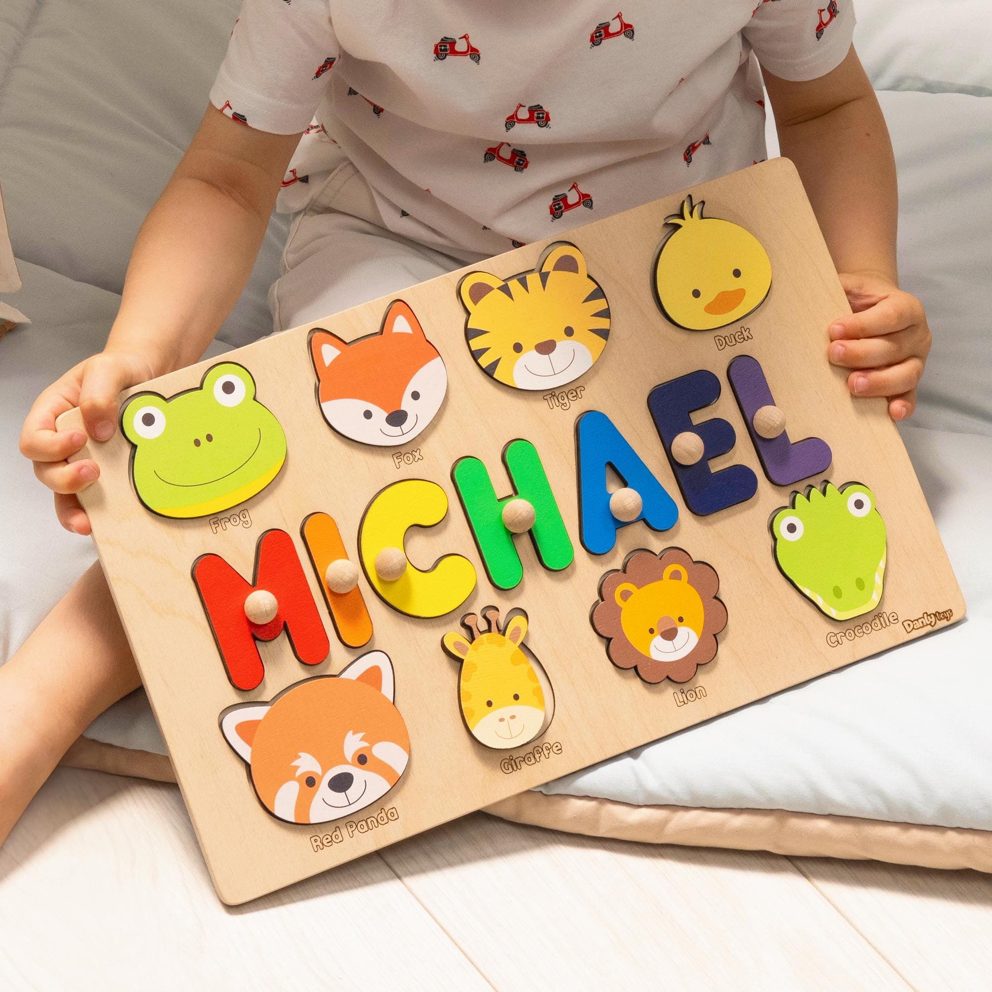 Personalized Wooden Name Puzzle With Animals, Montessori Toddler Toy ...