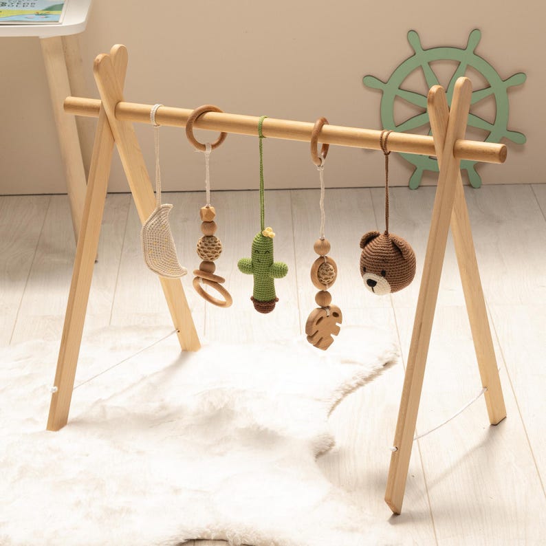 Wooden Baby Play Gym With Crochet Cactus Toys, Montessori Activity ...