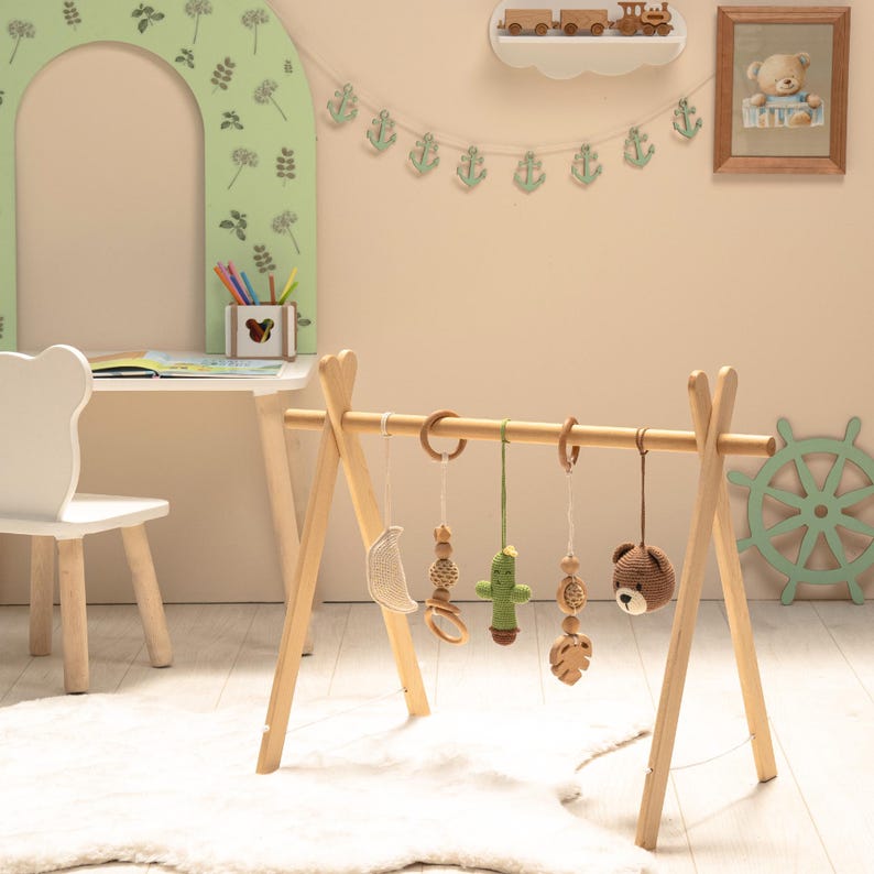 Wooden Baby Play Gym With Crochet Cactus Toys, Montessori Activity ...