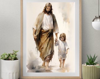 Jesus Christ Walking With Girl DIGITAL PRINT Lead Me Guide Me Bible Art ...