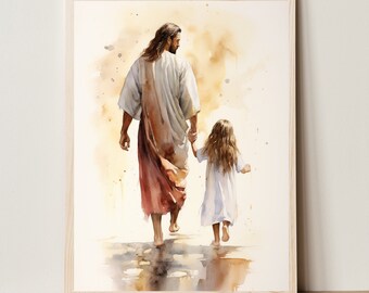 Jesus Christ Walking With Girl DIGITAL PRINT Lead Me Guide Me Bible Art ...
