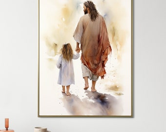 Jesus Christ Walking With Girl DIGITAL PRINT Lead Me Guide Me Bible Art Christian Art Jesus ...