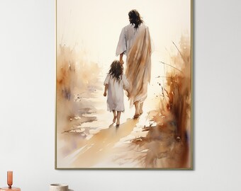 Jesus Christ Walking With Girl DIGITAL PRINT Lead Me Guide Me Bible Art ...