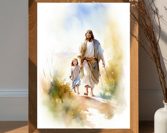 Jesus Christ Walking With Girl DIGITAL PRINT Lead Me Guide Me Bible Art Christian Art Jesus ...