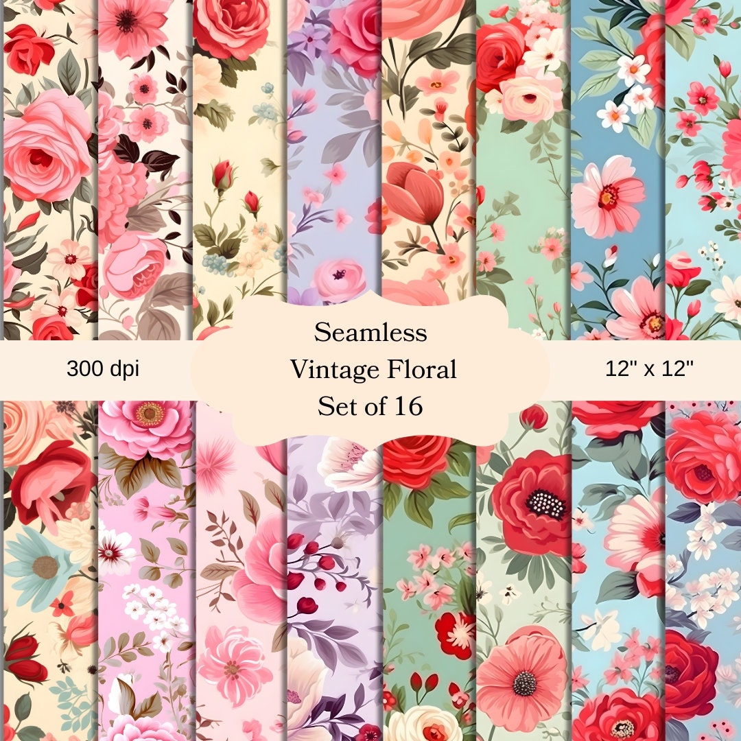 16 X Vintage Floral Seamless Digital Paper Scrapbook Journal Paper ...