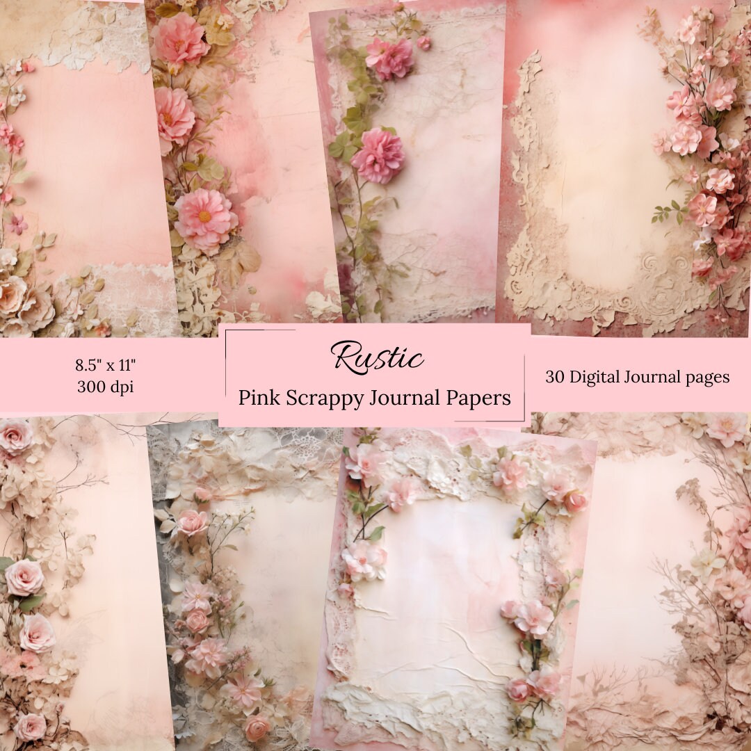 30 X Pink Junk Journal Pages Rustic Style Digital Paper Scrapbook ...