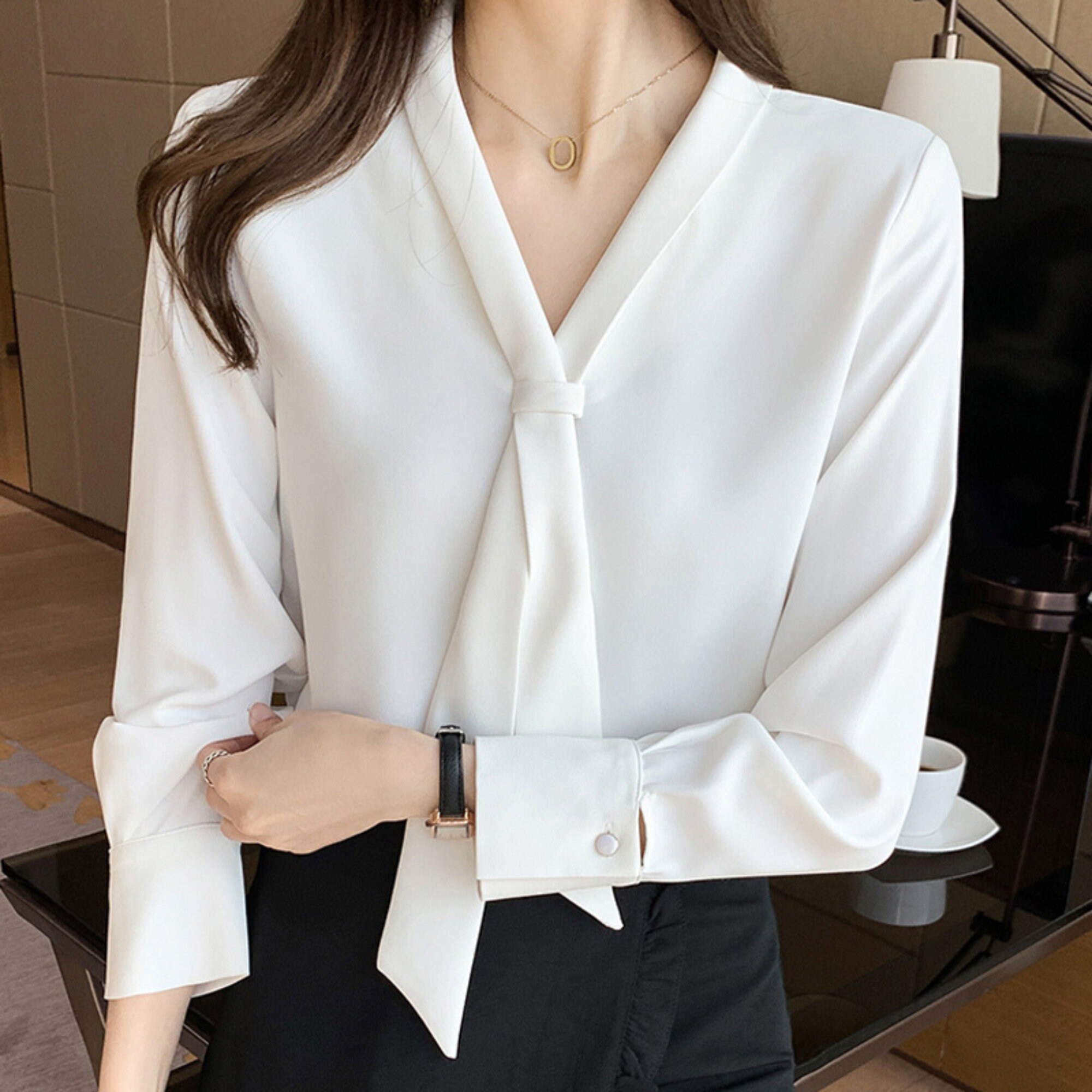 Ladies Chiffon Blouse Tie Style Long Sleeve Tops Formal Wear Outfit - Etsy