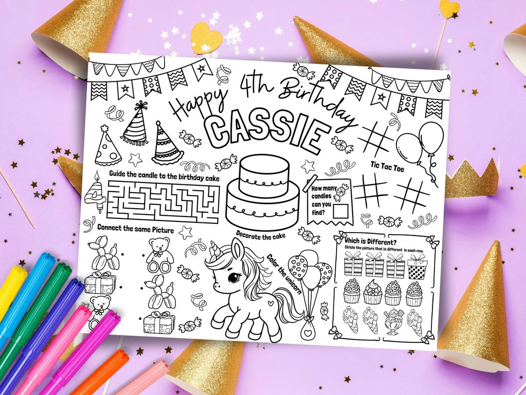 Personalized Birthday Party Coloring Placemat for Kids, Birthday ...