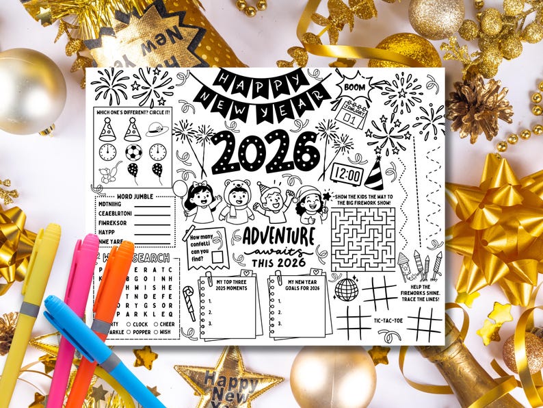 New Year 2026 Kids Activity Placemat | Printable Games & Coloring (PDF ...