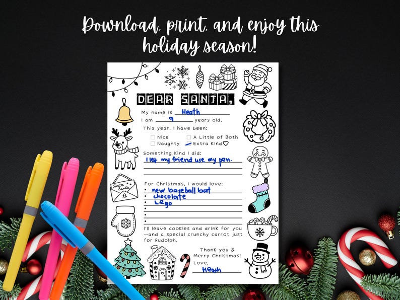 Dear Santa Letter Printable | Christmas Wish List for Kids | Santa ...