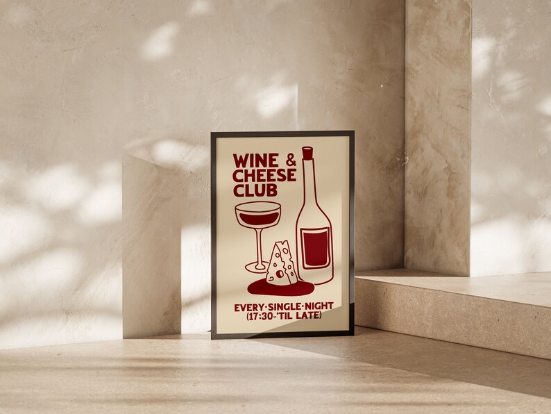 Wine and Cheese Club Hand Drawn Printable Poster Red and Beige Wall Art ...