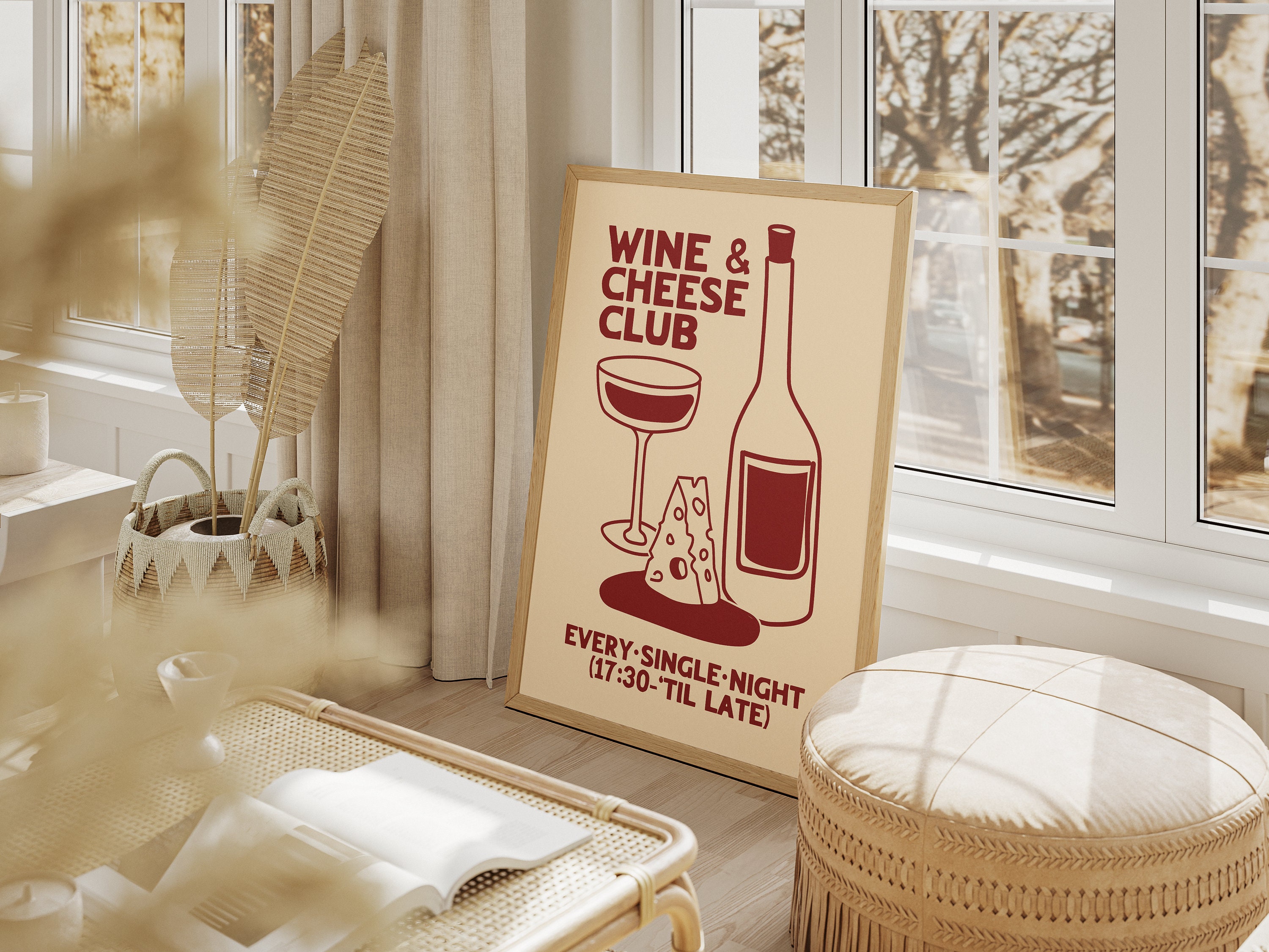 Wine and Cheese Club Hand Drawn Printable Poster Red and Beige Wall Art ...