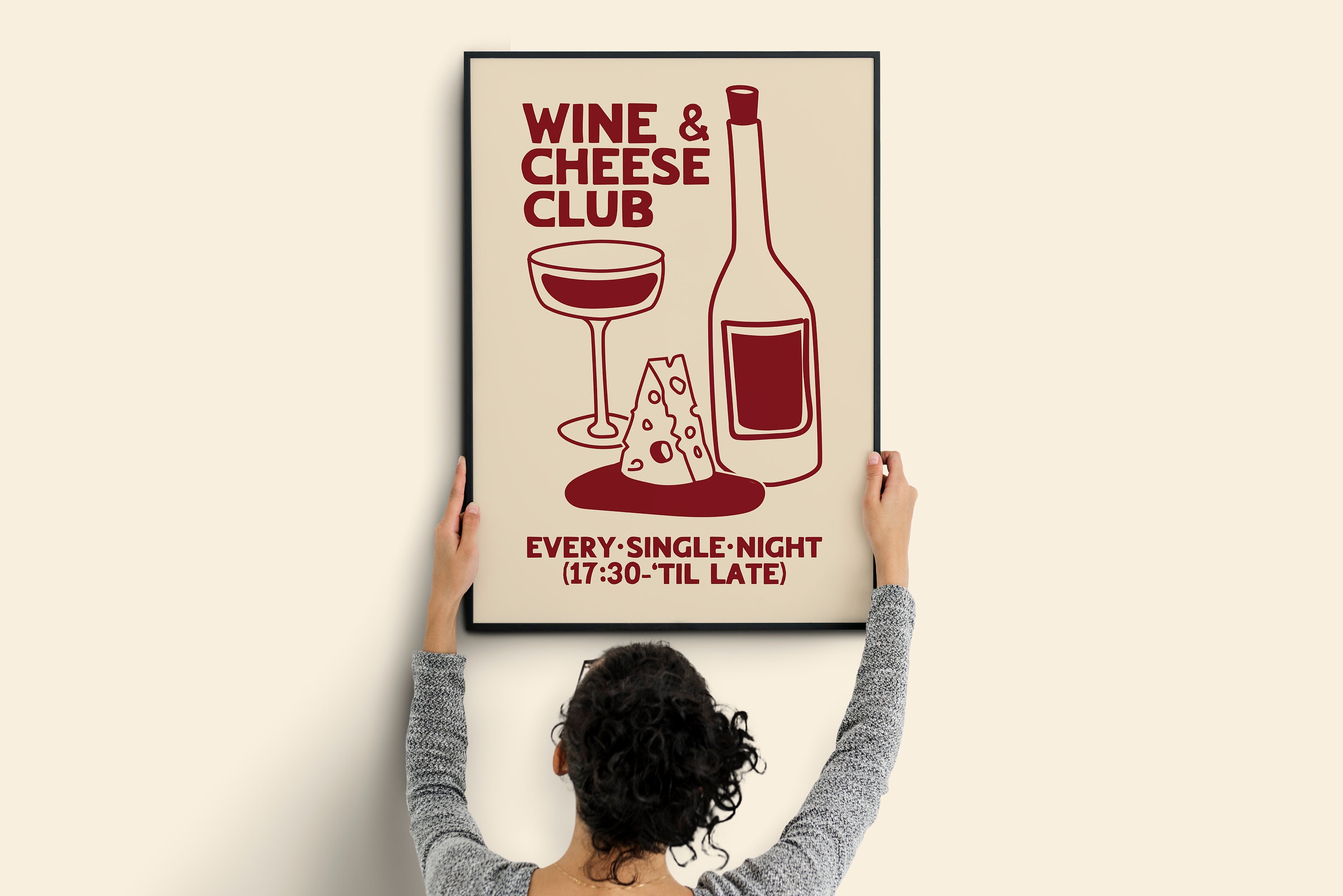 Wine and Cheese Club Hand Drawn Printable Poster Red and Beige Wall Art ...