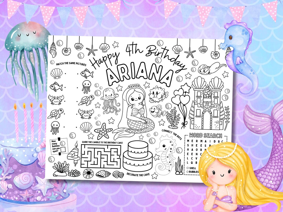 Personalized Birthday Party Coloring Placemat for Kids, Mermaid ...