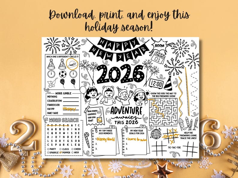 New Year 2026 Kids Activity Placemat | Printable Games & Coloring (PDF ...