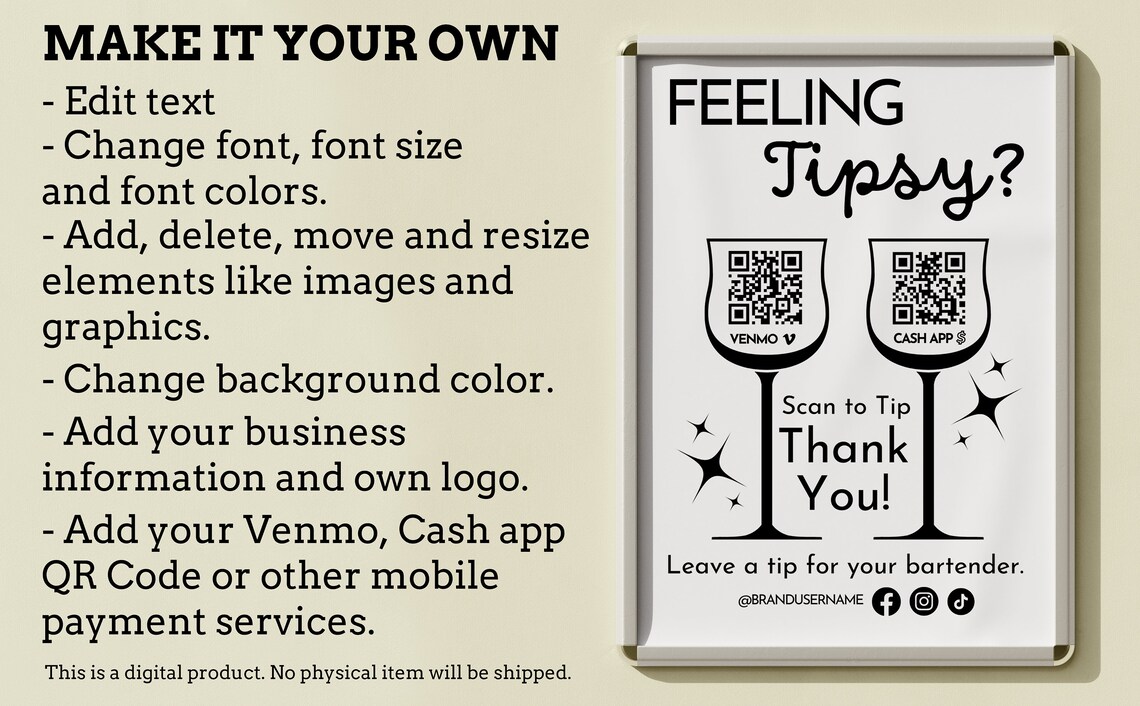 Feeling Tipsy Sign Template QR Code Sign Scan to Tip Wedding Bar Tip ...