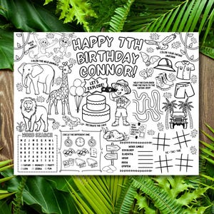 Personalized Safari Birthday Placemat: Jungle Activity Coloring Page ...