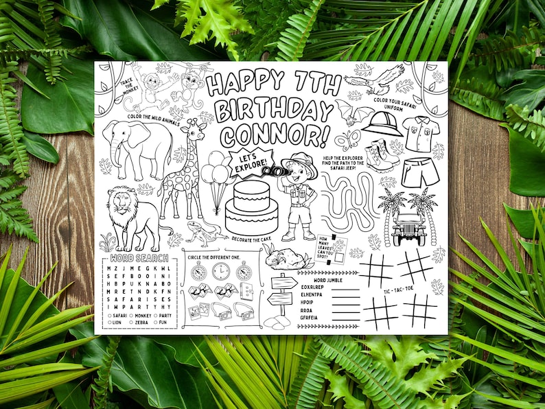 Personalized Safari Birthday Placemat: Jungle Activity Coloring Page ...