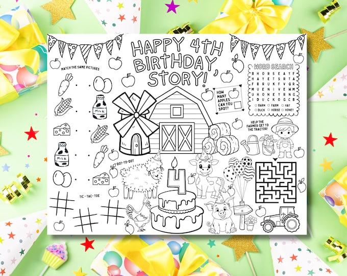 Editable Farm Kids XL Coloring Page | Farm Birthday Table Runner | Any ...