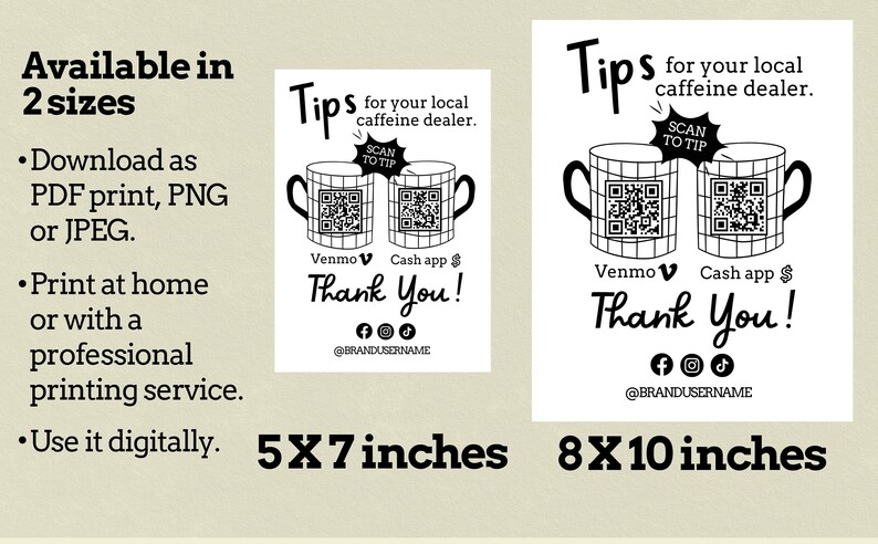 Coffee Shop QR Code Tip Sign: Venmo, Cash App, Paypal (editable Canva ...