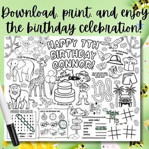 Personalized Safari Birthday Placemat: Jungle Activity Coloring Page ...