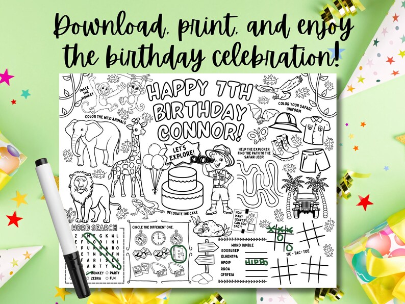 Personalized Safari Birthday Placemat: Jungle Activity Coloring Page ...