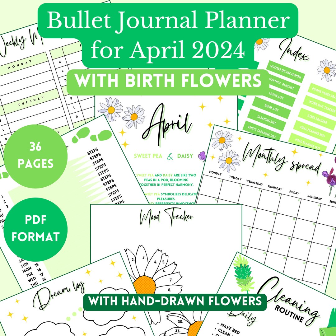April Digital Bullet Journal 2024 Birthflower , Monthly Planner, Weekly ...