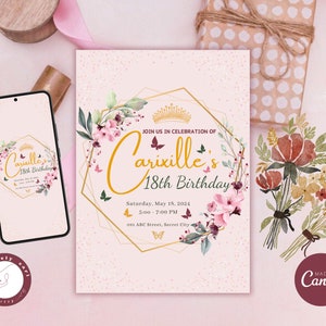 Misty Rose 18th Birthday Invitation Template Blush Pink Floral ...