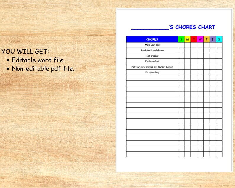 Editable Kids Chore Chart Printable Chore Chart for Kids Responsibility ...
