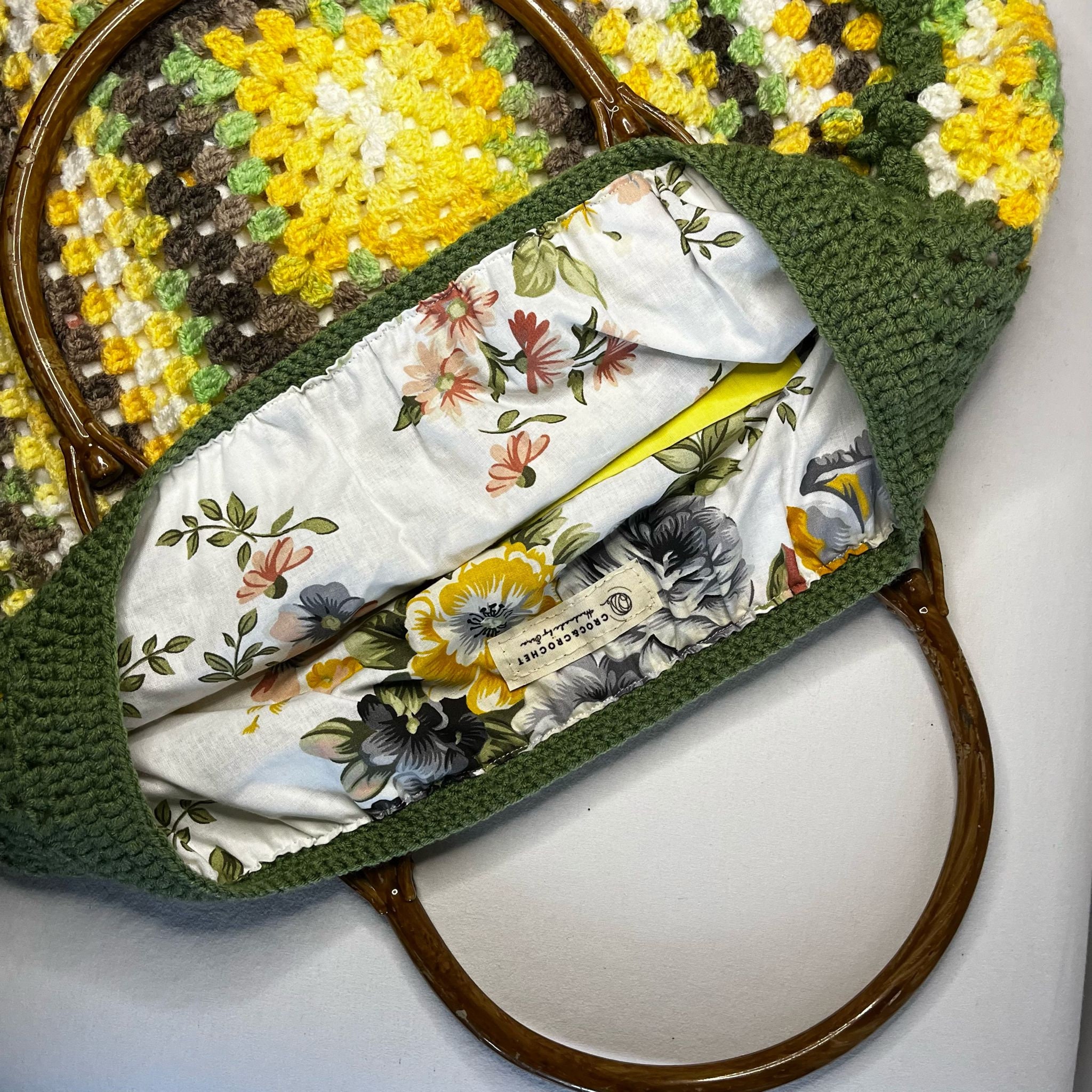 Large Crochet Green Granny Square Bag With Wooden Handles and Pockets ...