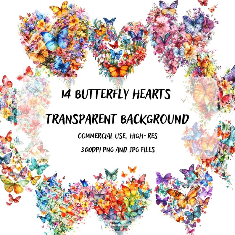 Watercolor Butterfly Heart Images, Printable Digital Stickers, PNG and ...
