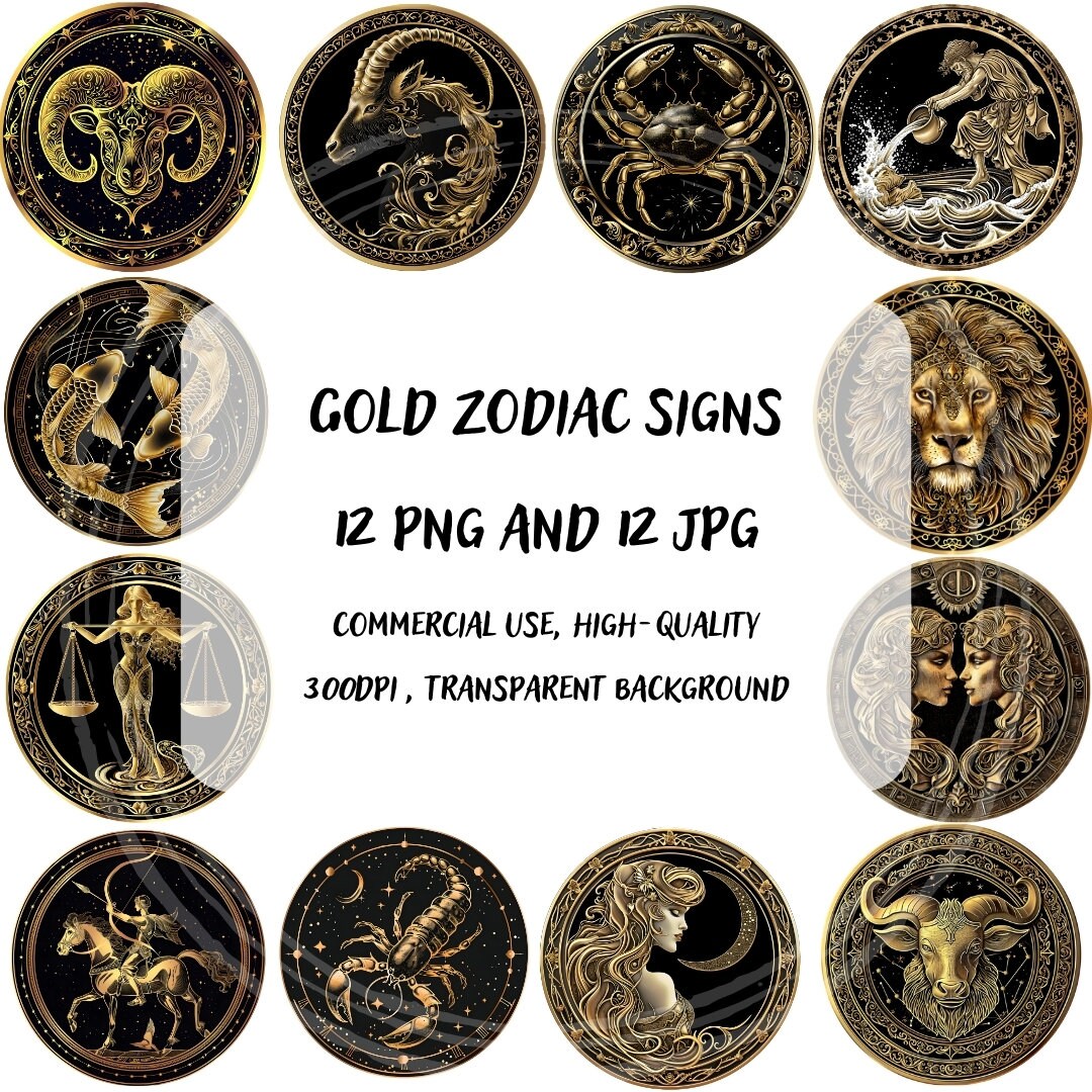 Gold Zodiac Sign Clipart Bundle, Digital Horoscope Png and Jpg Files ...